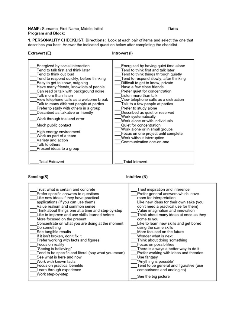Activity For Unit 6 | PDF | Extraversion And Introversion | Personality Type