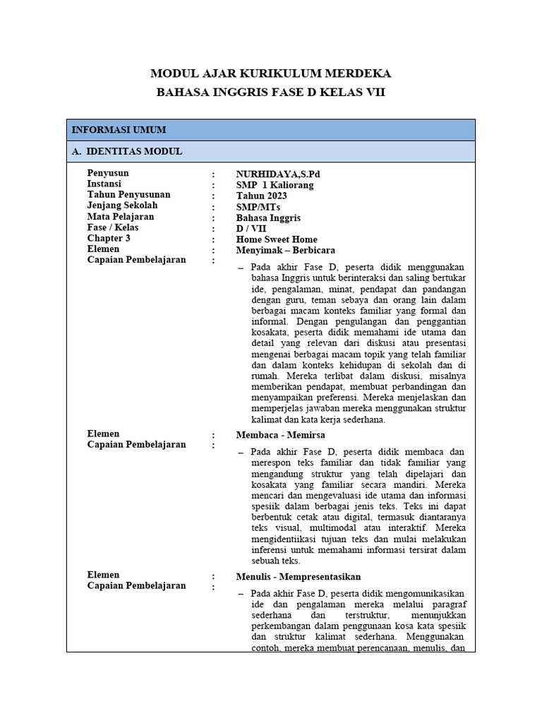 Modul Ajar Chapter 3 Home Sweet Home | PDF