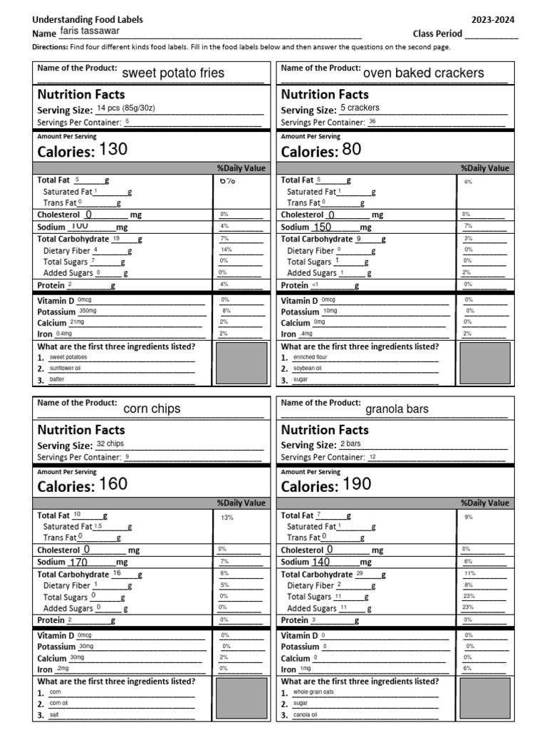 Understanding Food Labels Worksheet 23-24 | PDF | Nutrition Facts Label ...