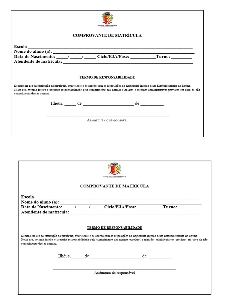 Comprovante e Responsabilidade de Matrícula | PDF