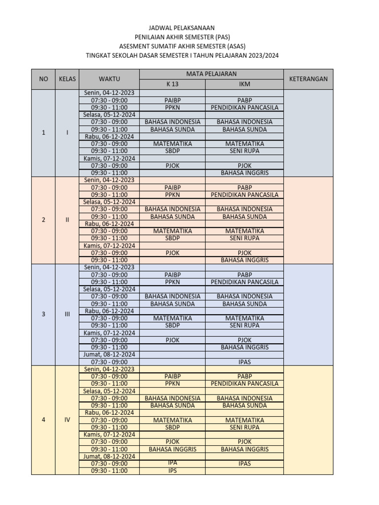 Jadwal Pas - Asas Semester 1 Tahun 2023-2024 | PDF