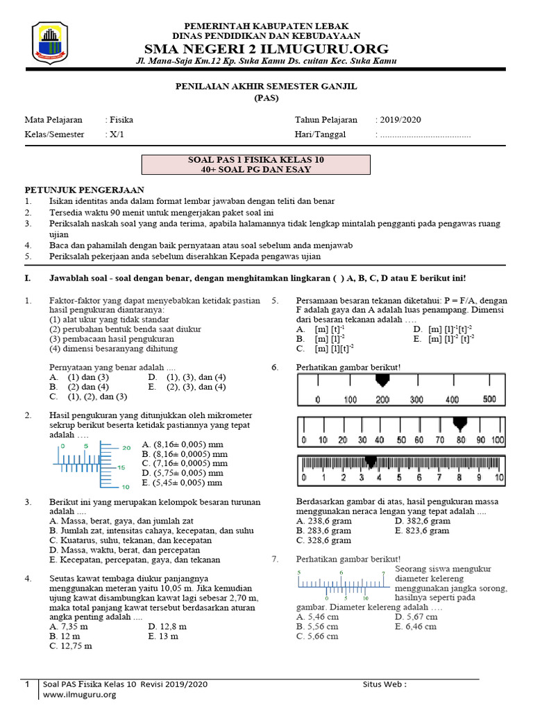 Soal PAS Fisika Kelas 10 Semester 1 | PDF