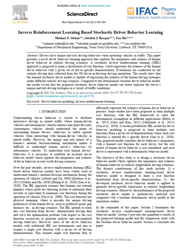 Inverse Reinforcement Learning Based Stochastic Driver Behavior Learning Pdf Simulation