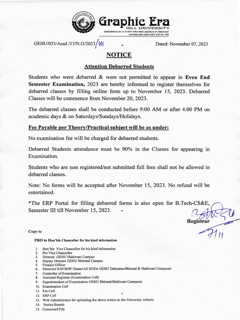 Notice No 46-Filling of Forms For Debarred Students | PDF