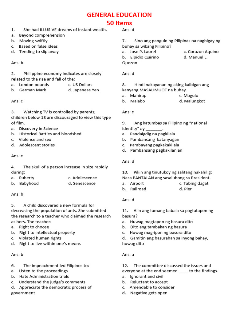 Gen. Ed Reviewer 50 Items | PDF | Law | Young Adult