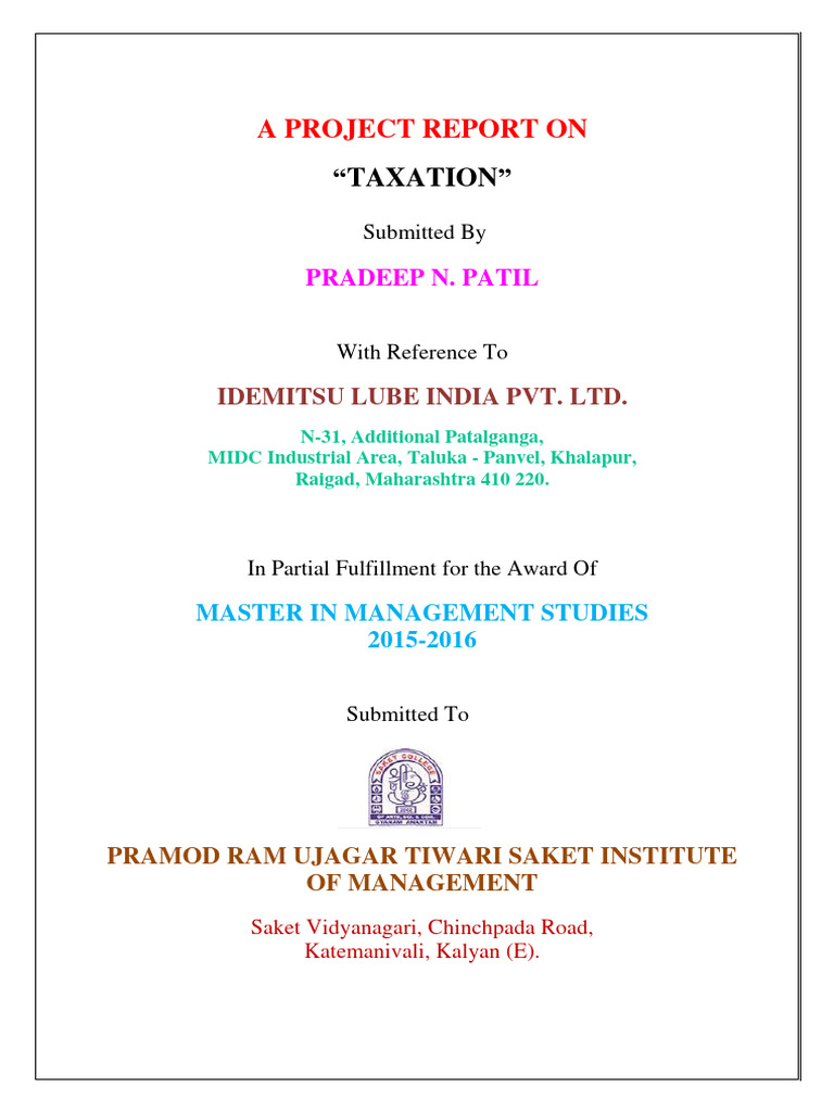 Project Report of MBA On Taxation 309668020 | PDF | Taxes | Direct Tax