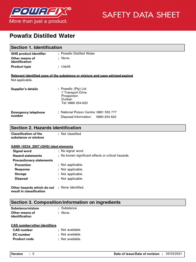 18FEB2022 SDS Distilled-Water | PDF | Dangerous Goods | Toxicity