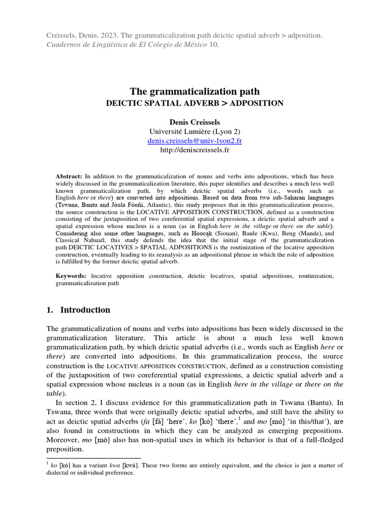 Grammaticalization of Deictic Adverbs | PDF | Preposition And ...