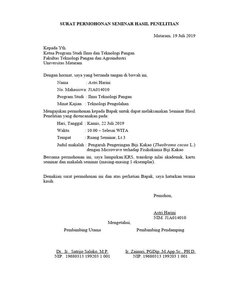 1-Form SRT Mohon Seminar Mhs PS ITP Fatepa Unram | PDF