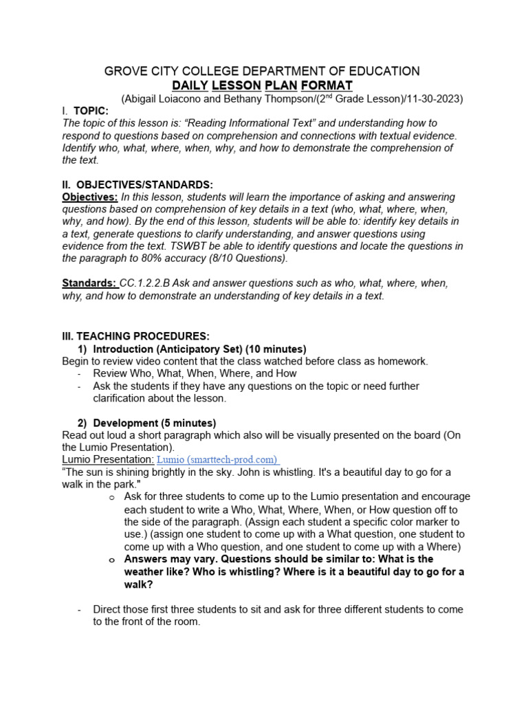 2nd Grade Ela Lesson Plan Textual Questions | PDF | Lesson Plan | Learning
