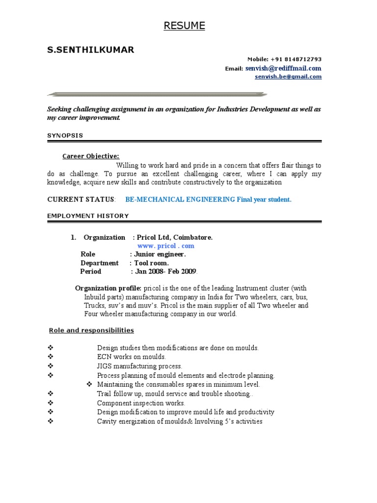 Seeking a Challenging Role in Industries Development: A Resume and Profile of S. Senthilkumar ...