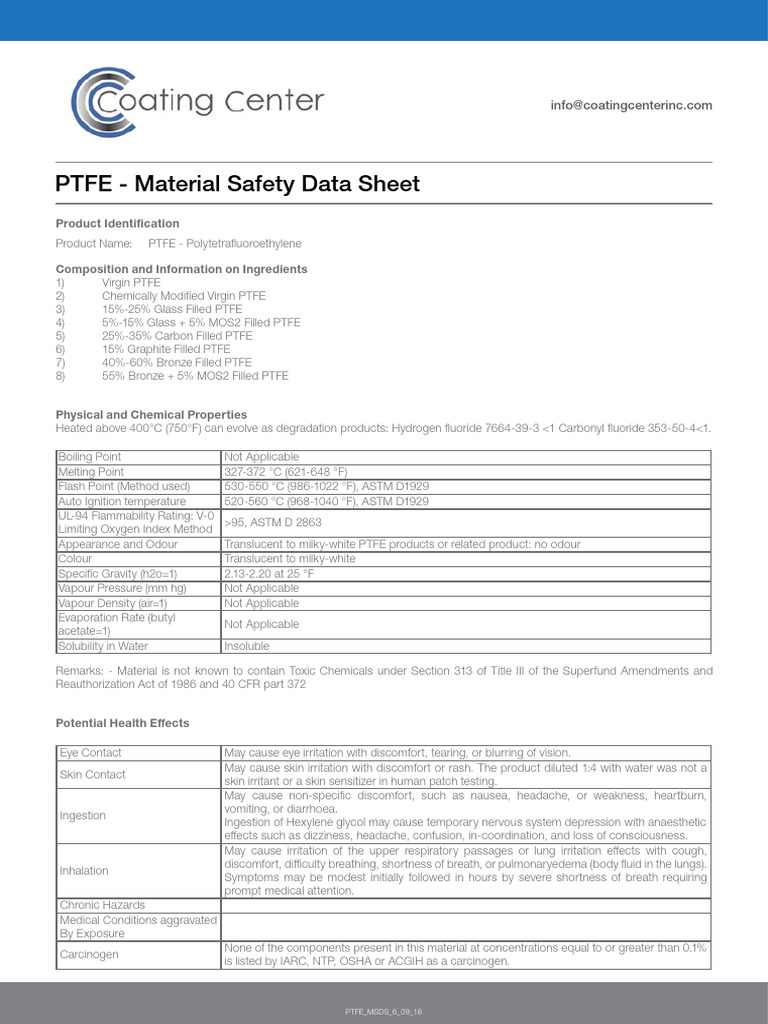 Ptfe Msds Sep18 | PDF | Fires | Waste Management