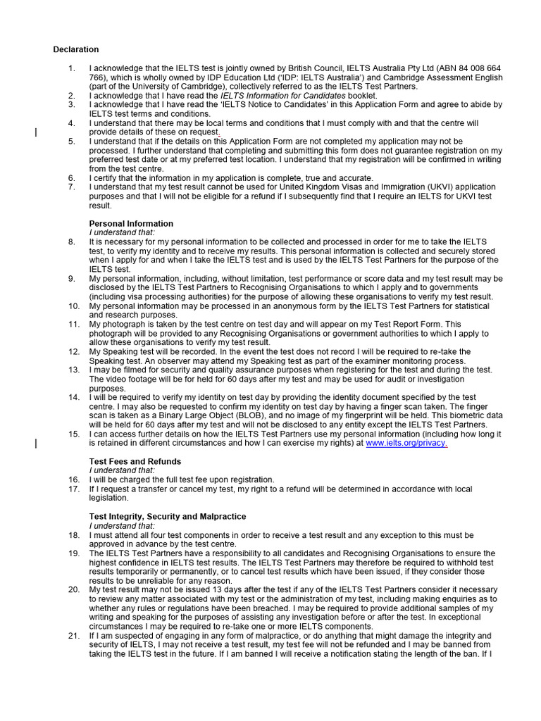 Test Taker Declaration | PDF | International English Language Testing ...