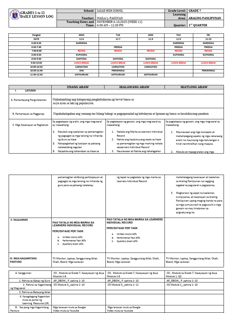 DLL - AP7 - Q1 - Week 11 REMEDIAL COMPLETION WEEK | PDF