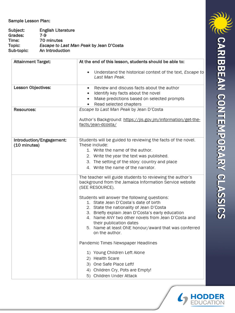 Sample Lesson Plan Escape To Last Man Peak Lesson Plans (Grades 7 9 ...