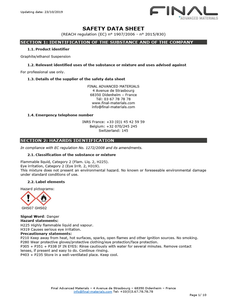 EN17003 - SDS - Graphite Ethanol Suspension | PDF | Dangerous Goods | Waste