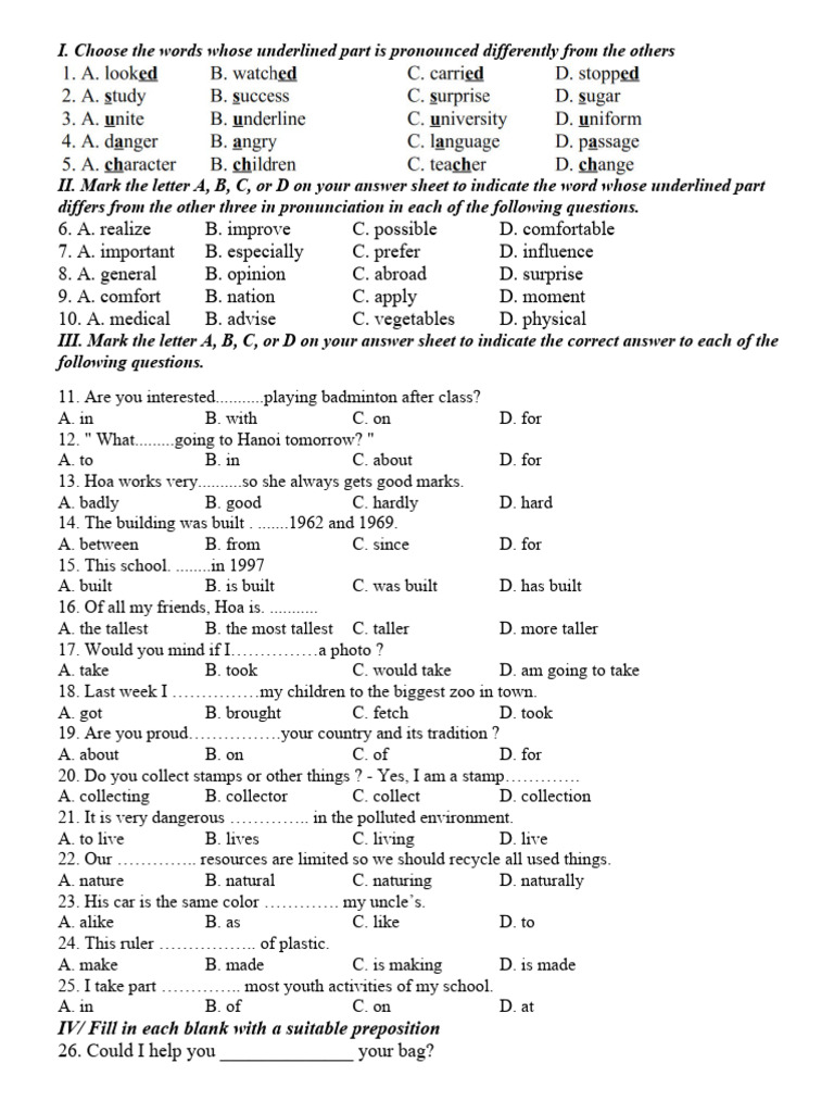 IV/ Fill in Each Blank With A Suitable Preposition | PDF