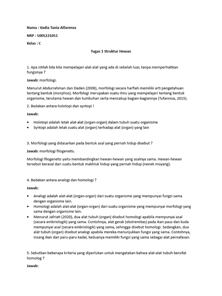 C - 5005221051 - Vadia Tania Alfarenza (Tugas 1 Struktur Hewan) | PDF