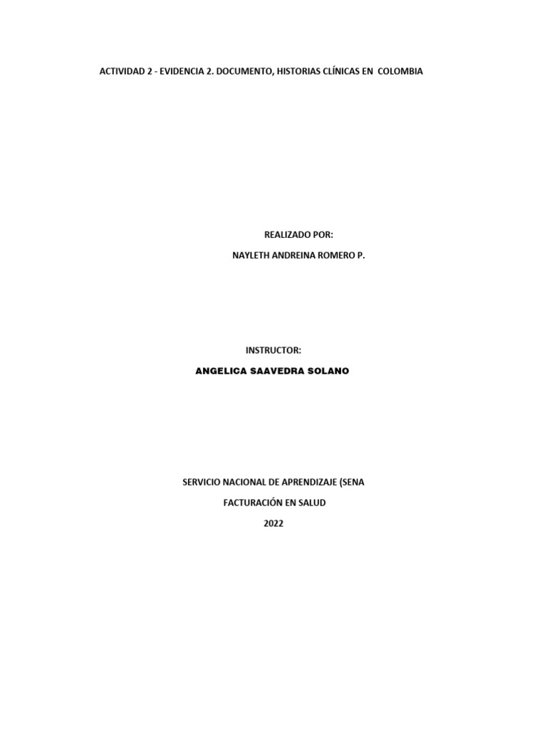 ACTIVIDAD 2 - EVIDENCIA 2. DOCUMENTO, HISTORIAS CLÍNICAS EN COLOMBIA ...