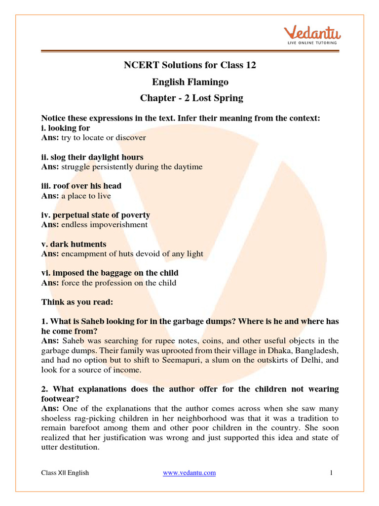 NCERT Solutions For Class 12 English Chapter 2 - Lost Spring - . | PDF ...