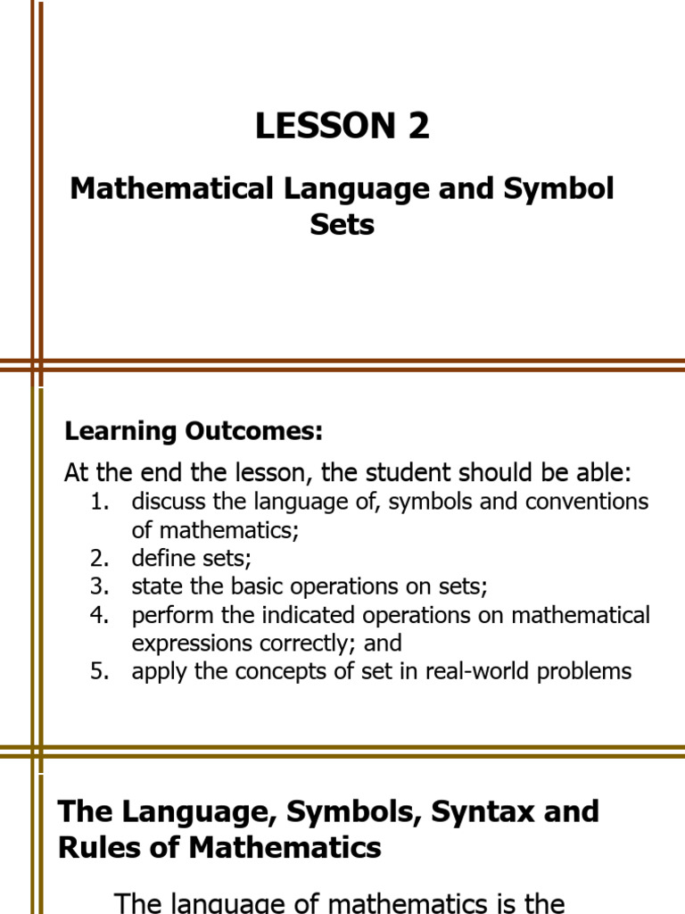 LESSON 2, Mathematical Language, Symbols & Sets | PDF | Mathematics | Multiplication