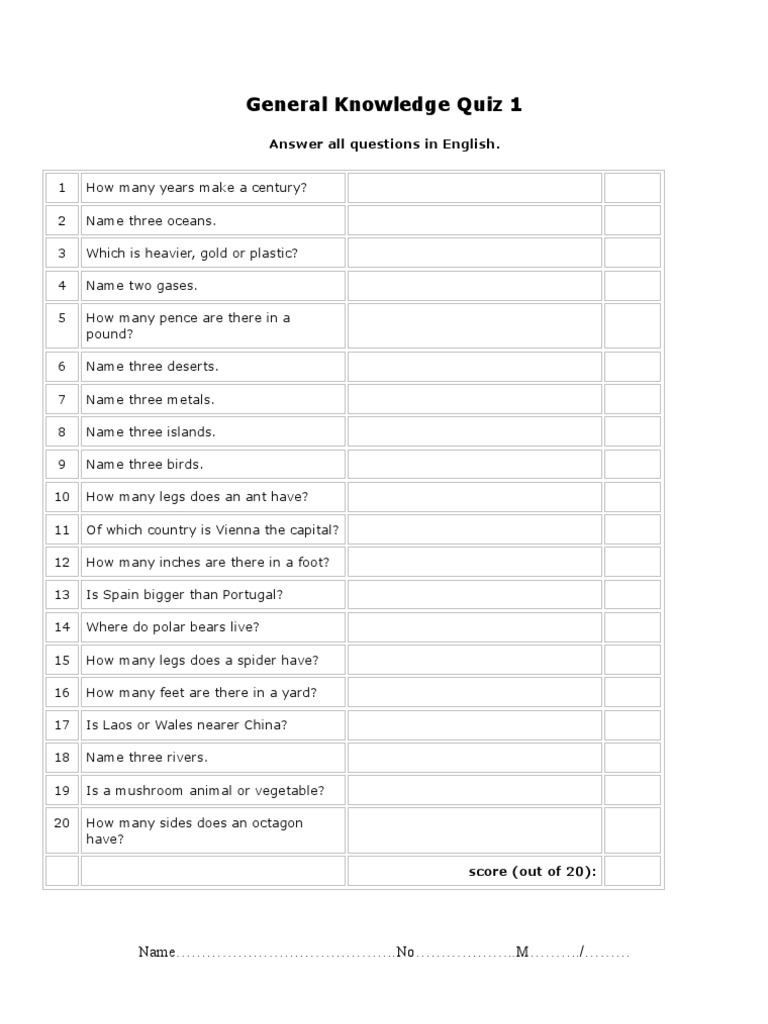 General Knowledge Quiz: English Edition | PDF