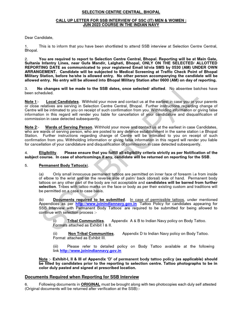 Navy SSB Interview Call Letter | PDF | Identity Document | Tattoo