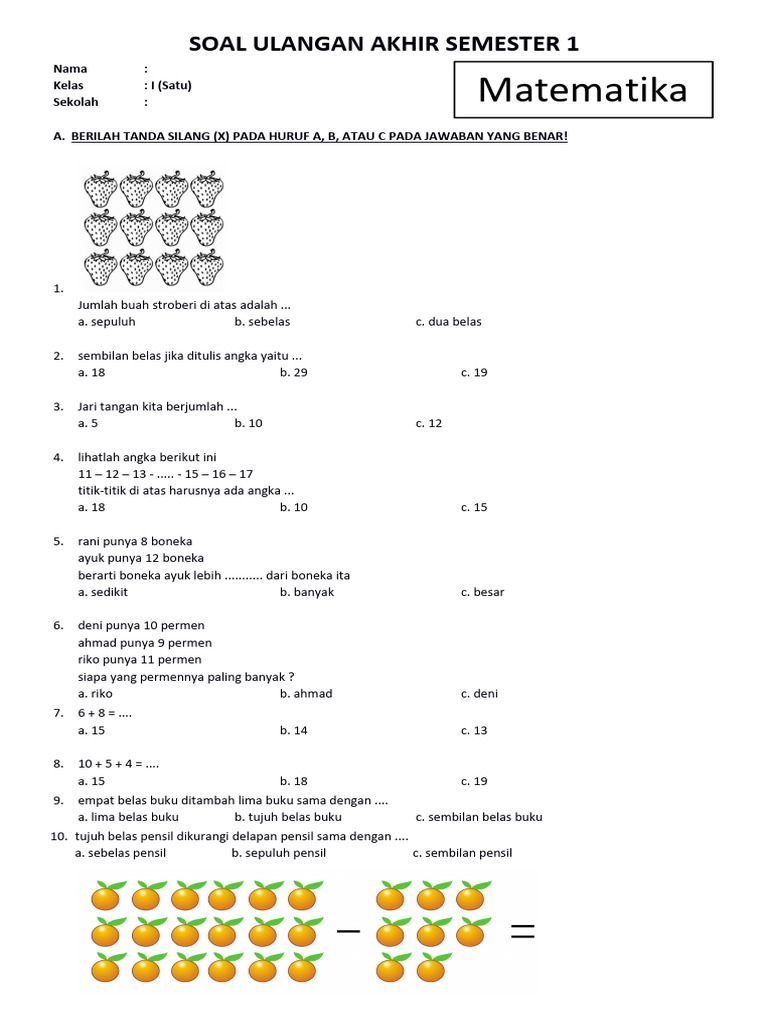 Soal UAS Matematika Kelas 1 SD Semester 1 (Ganjil) | PDF