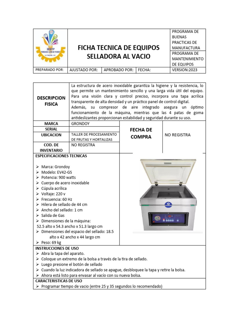 Ficha Tecnica de Equipos | PDF | Bomba | Materiales
