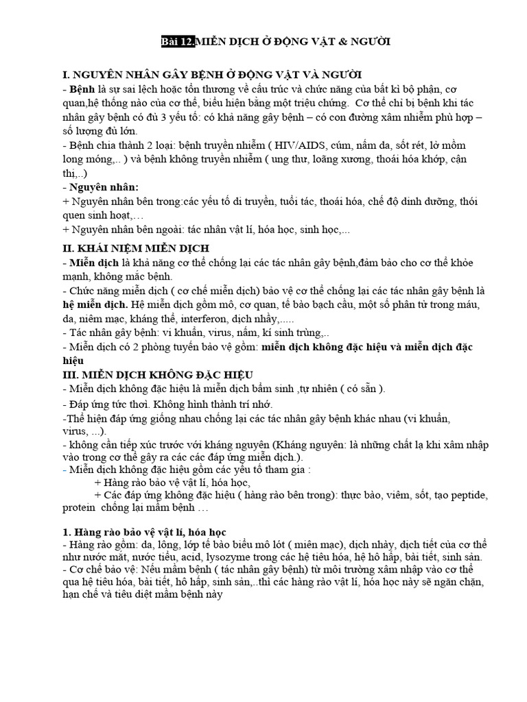 BÀI 12.MIỄN DỊCH Ở ĐỘNG VẬT VÀ NGƯỜI - HS | PDF