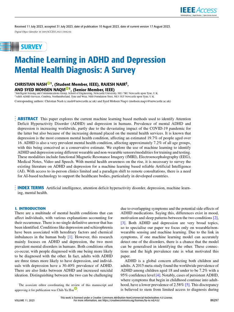 Machine Learning in ADHD and Depression Mental Health Diagnosis A ...