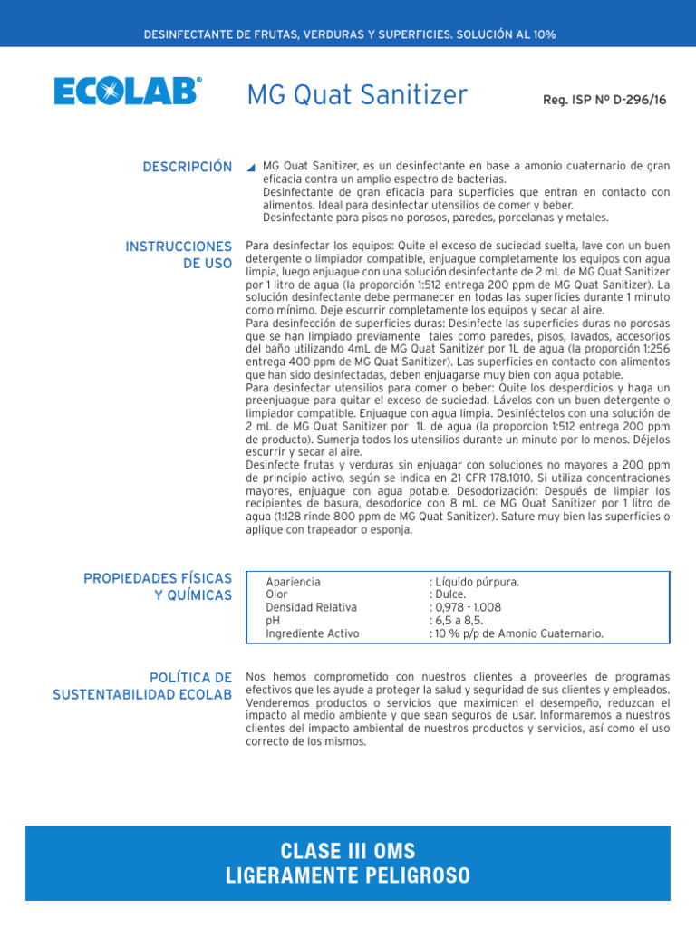 MG Quat Sanitizer - FT | PDF | Agua | Agua potable
