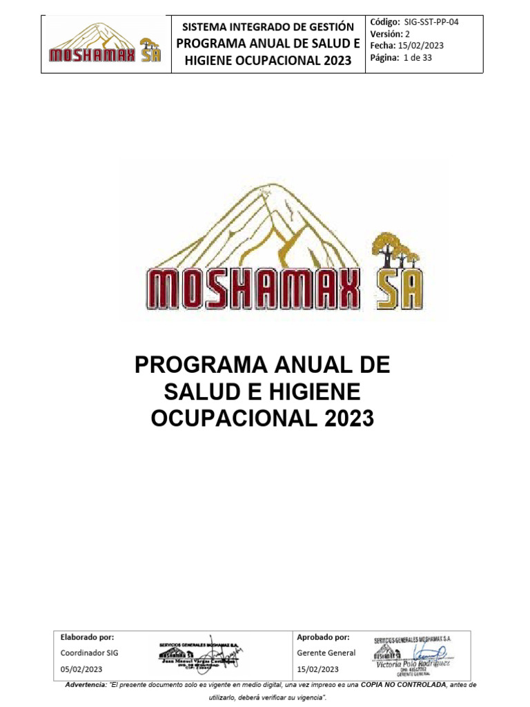 Sig-Sst-Pp-04 Plan Anual de Salud e Higiene Ocupacional | PDF | Higiene Ocupacional | Seguridad ...