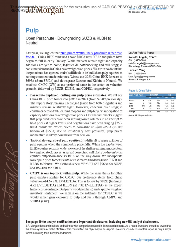 JP Morgan KLBN4@BZ Pulp Open Parachute - Downgrading SUZB & KLBN To ... JP Morgan KLBN4@BZ Pulp Open Parachute - Downgrading SUZB & KLBN To ...