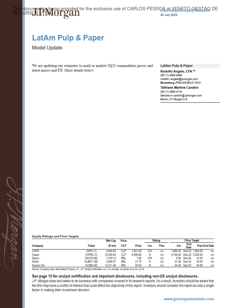 JP Morgan SUZB3@BZ LatAm Pulp & Paper Model Update | PDF | Return On ...