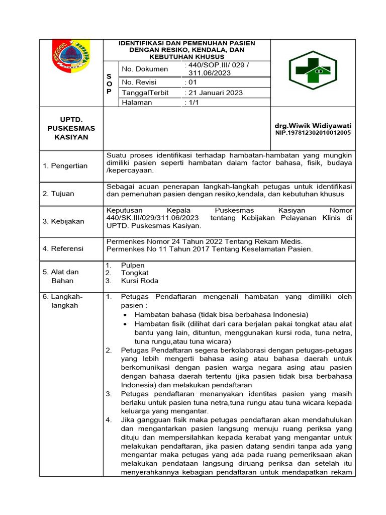 Sop Identifikasi Dan Pemenuhan Kebutuhan Pasien Dengan Resiko, Kendala Dan Kebutuhan Khusus-1 | PDF