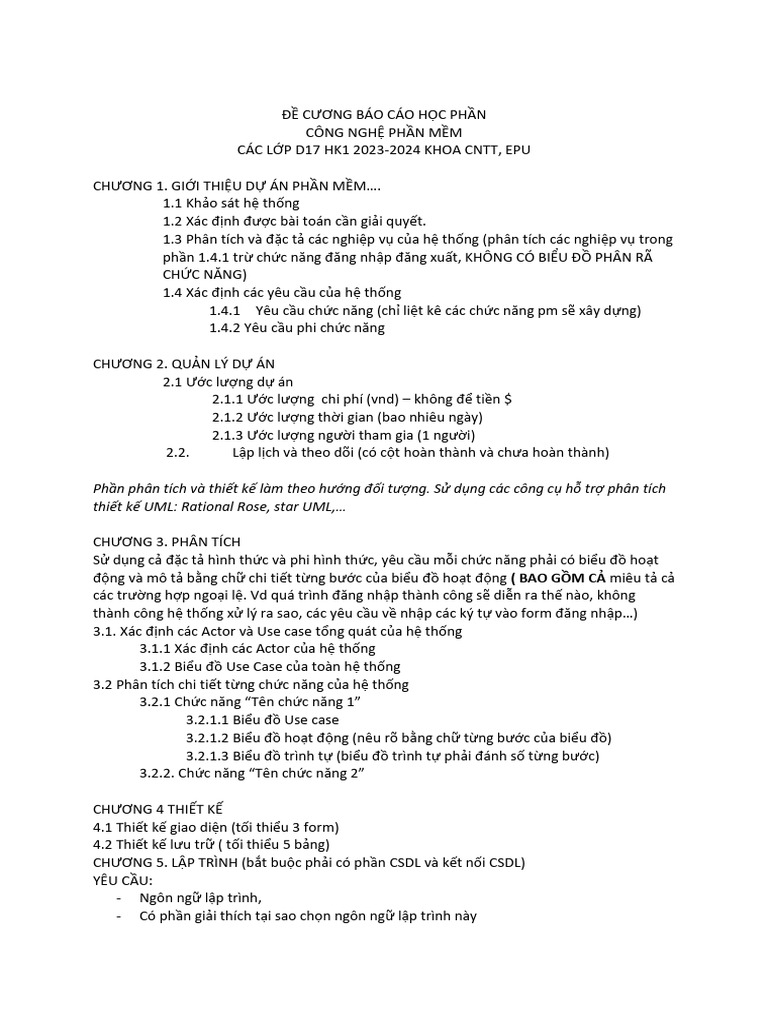 De Cuong Bao Cao CNPM D17 - 2023 | PDF