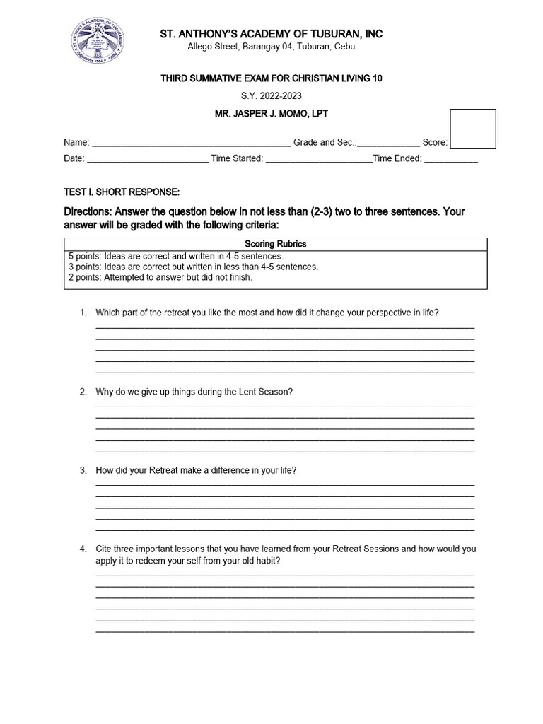 Third Summative Exam in CL | PDF | Rubric (Academic)