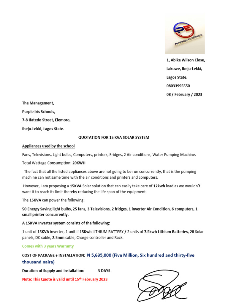 15kva Inverter Quote 2022 | PDF