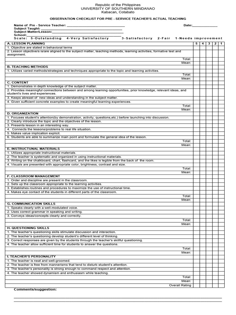 Observational Checklist For Pre Service Teachers Actual Teaching ...