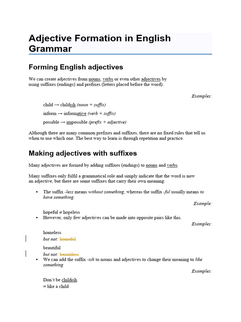 English Adjective Formation Guide | PDF | Adjective | Verb