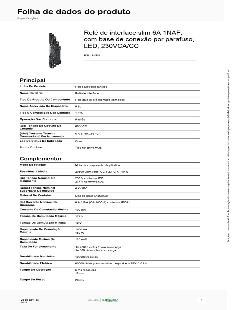 Schneider Electric_Relés-Eletromecânicos_RSL1PVPU | PDF | Relé ...