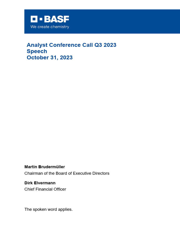 BASF Speech Analyst Conference Call Q3-2023 | PDF | Balance Sheet | Euro