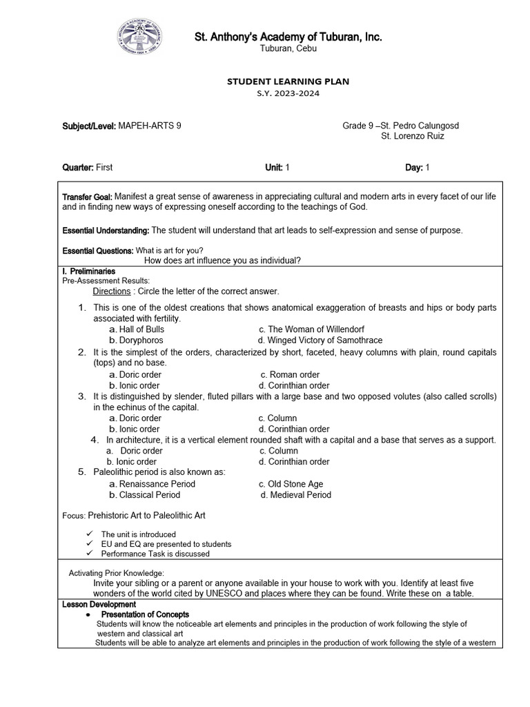 Arts-9 LP (Q1) | PDF | Column | Cognition