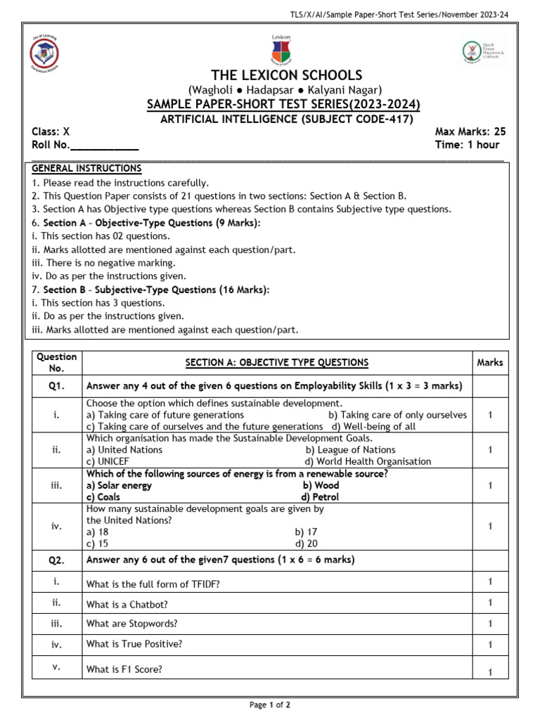TLS - AI - Class-X - Sample Paper-Short Test Series - 2023-24 | PDF ... TLS - AI - Class-X - Sample Paper-Short Test Series - 2023-24 | PDF ...