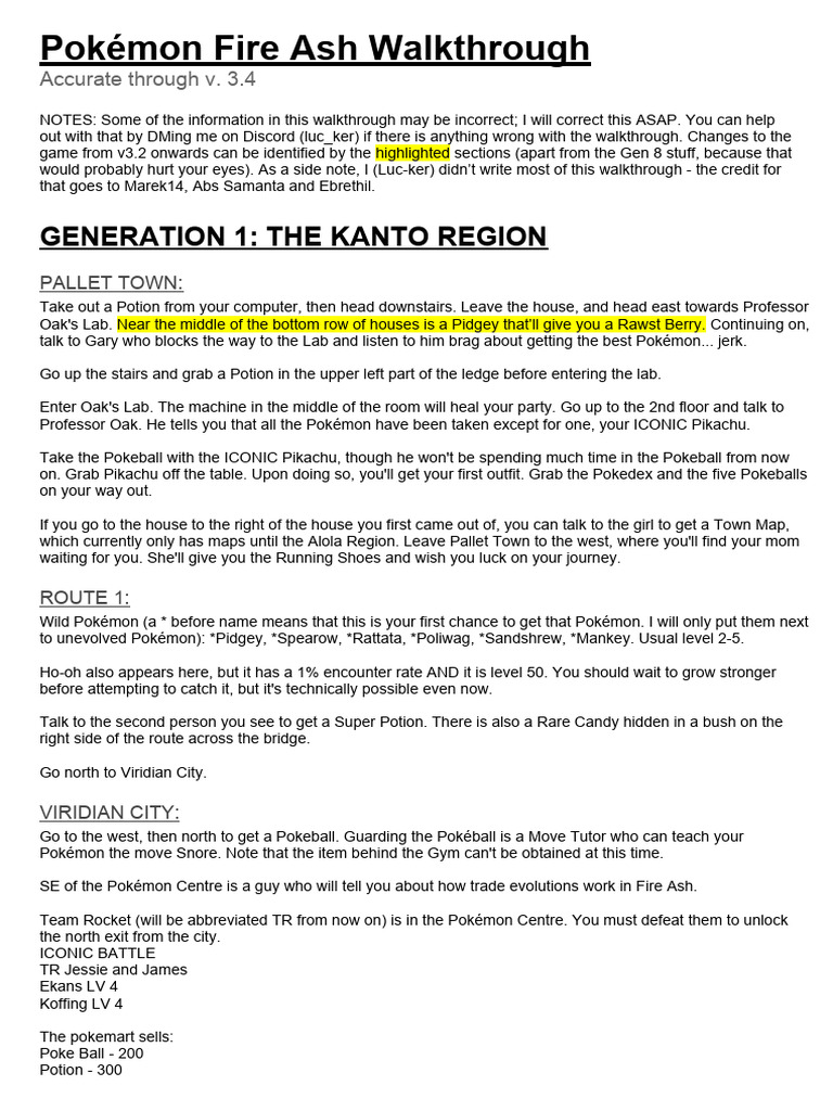 Pokemon Fire Ash Walkthrough | Download Free PDF | Nintendo Franchises ...