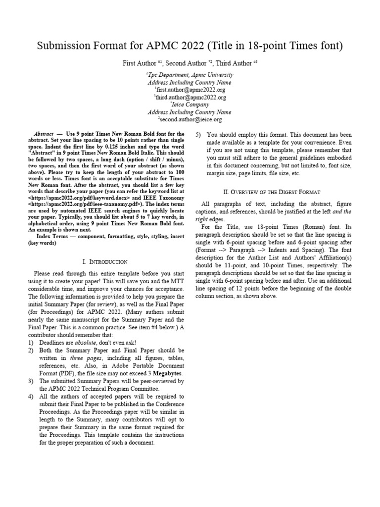 Apmc2022 PaperTemplate | PDF | Typefaces | Paragraph