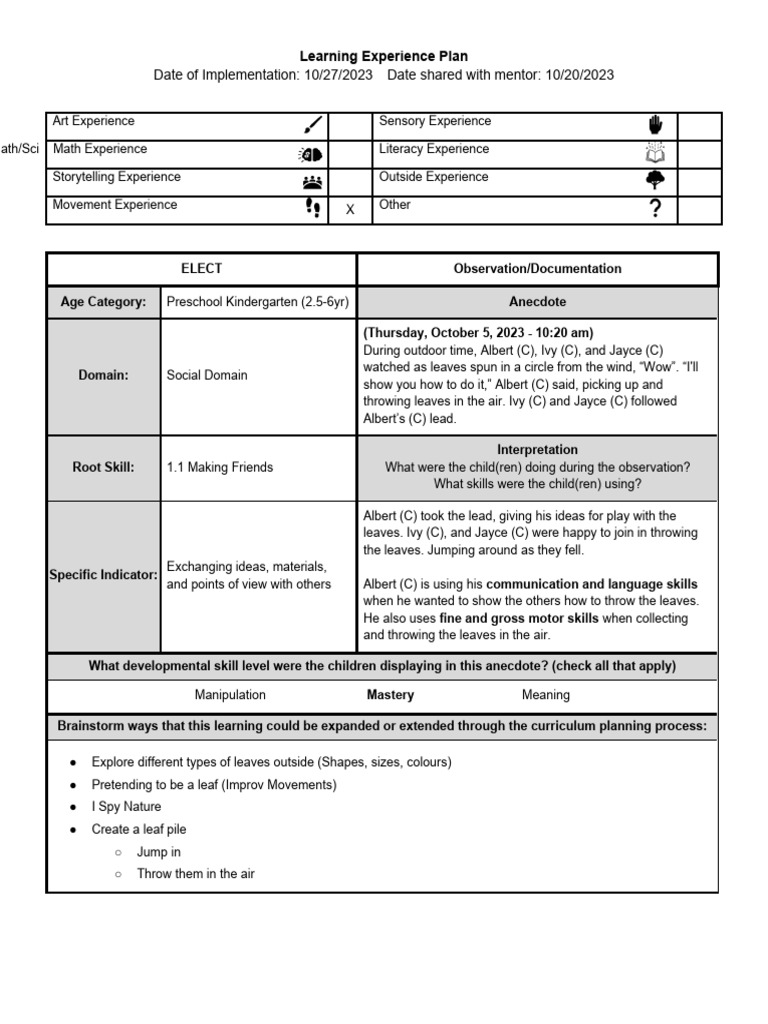 Movement Learning Experience Plan | PDF | Experience | Learning