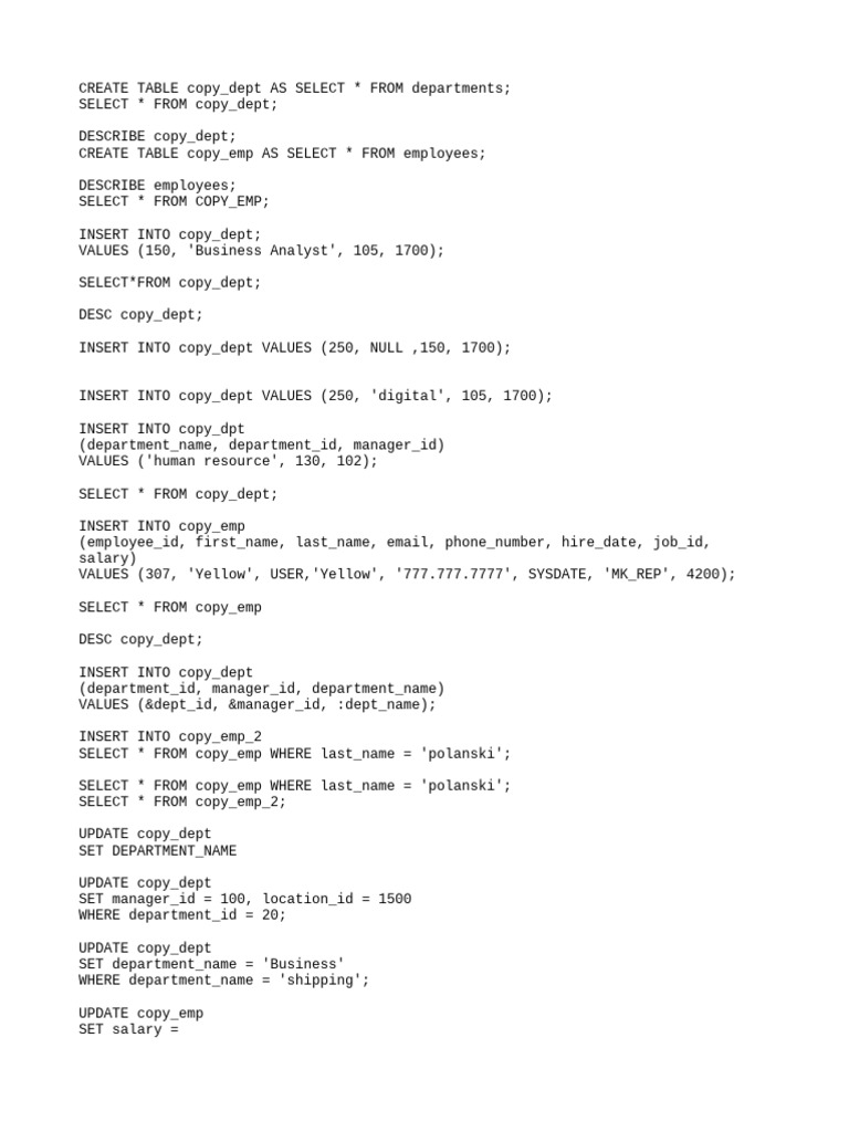 Create Table Copy - Dept As Select F | PDF | Business | Computers