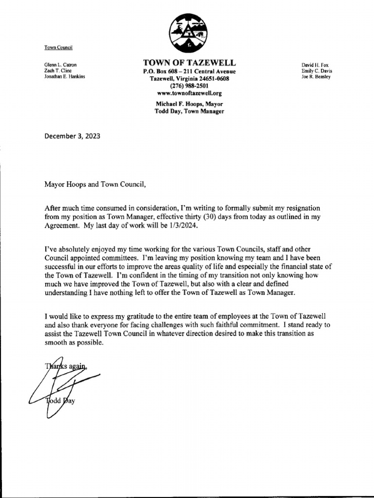 Tazewell Town Manager Resignation Letter | PDF